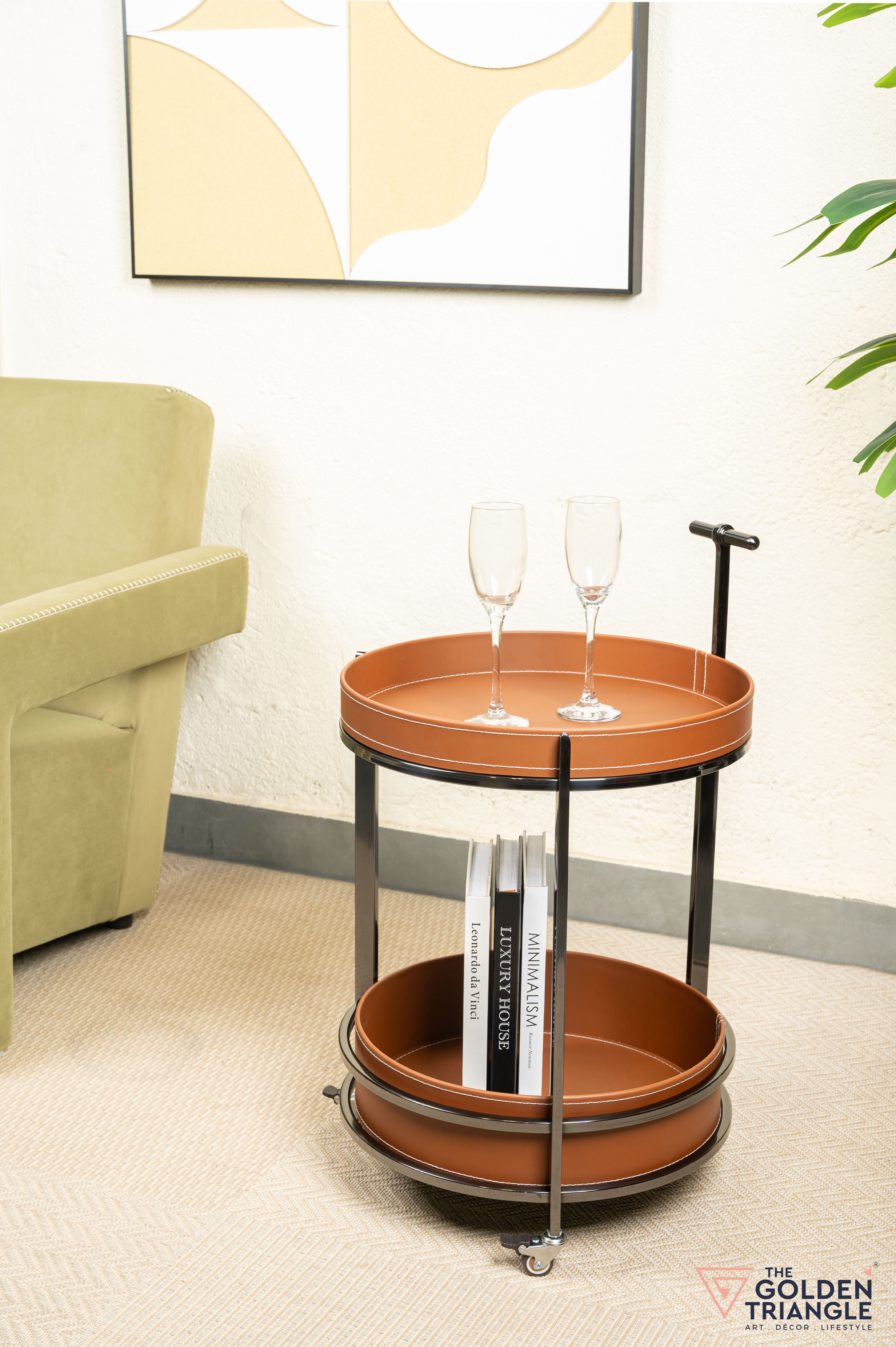 Leon Faux Leather Circular Trolley | Premium Bar Trolley | Butler Trolley